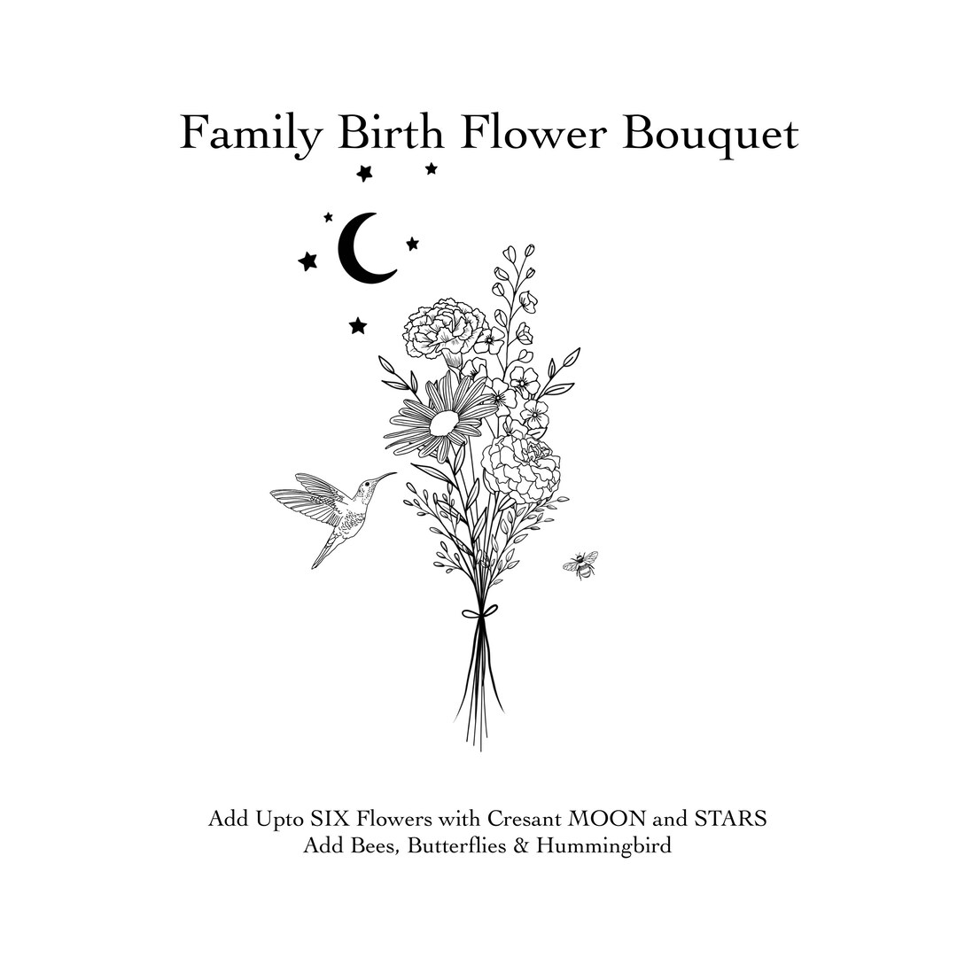 Birth Flower With Crescent Moon , Bees, Hummingbird & Butterfly - Etsy