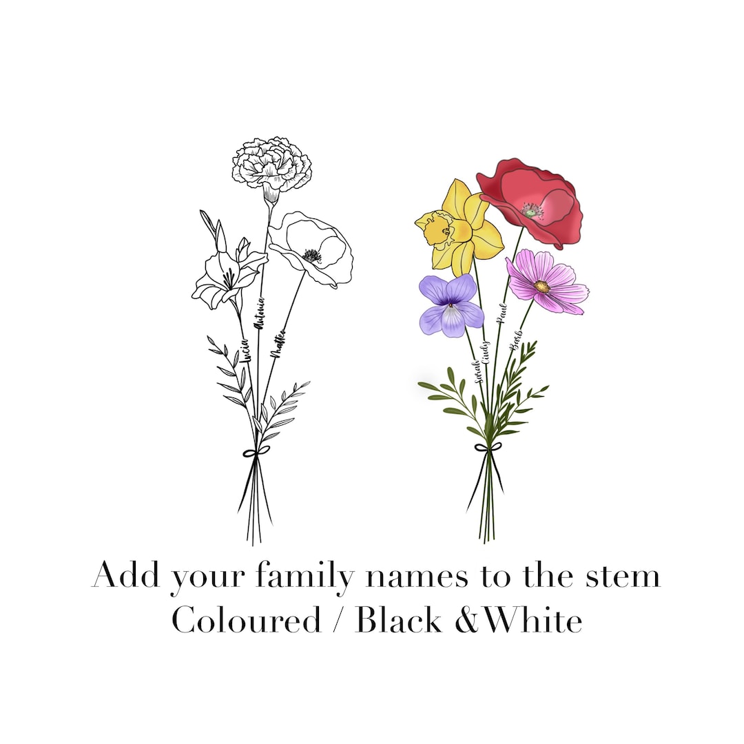 Family Birth Flower Tattoo Design, Floral Art Print Design, Add Upto 4 ...