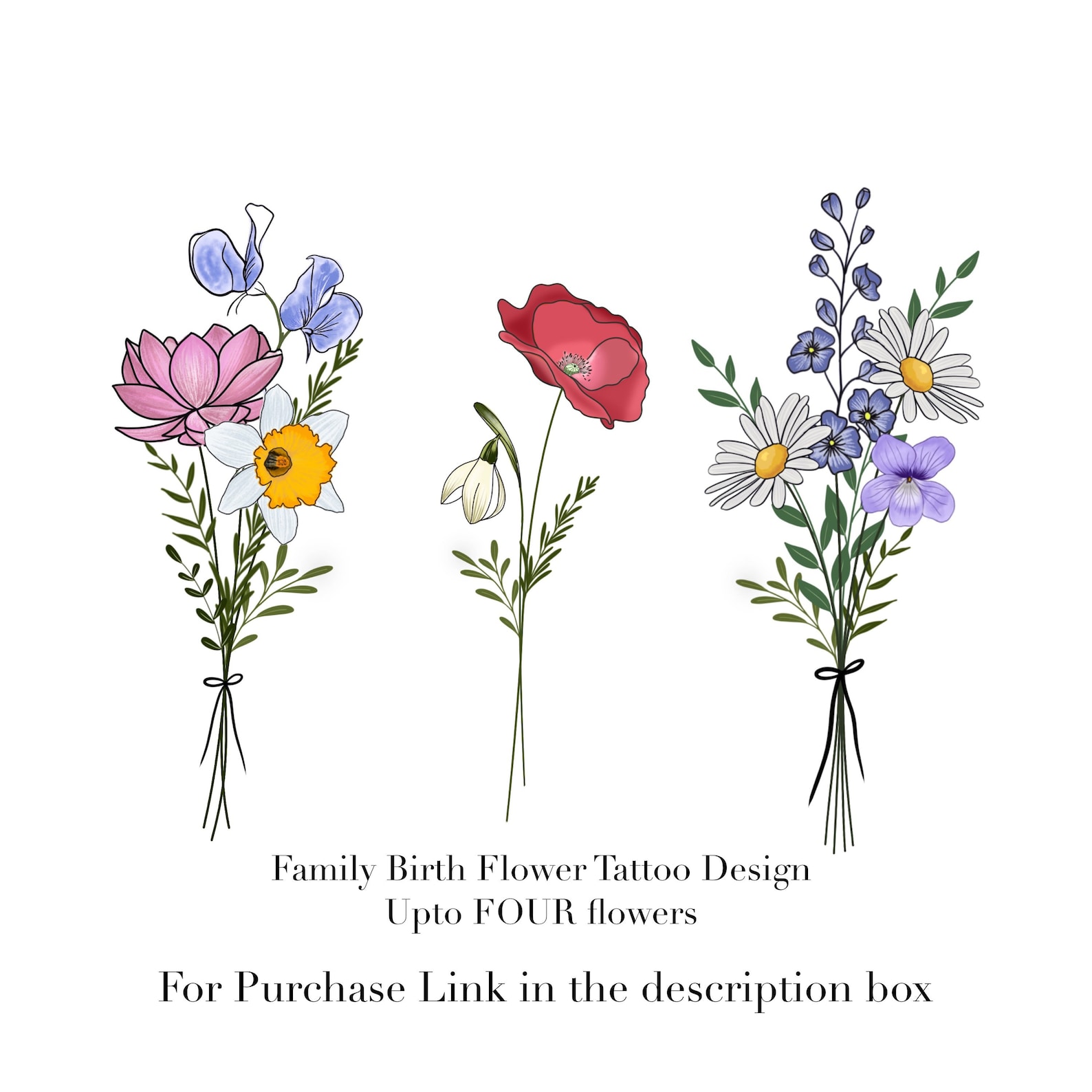 Custom Birth Flower Bouquet, Family Birth Month Tattoo Design, up to 4 ...