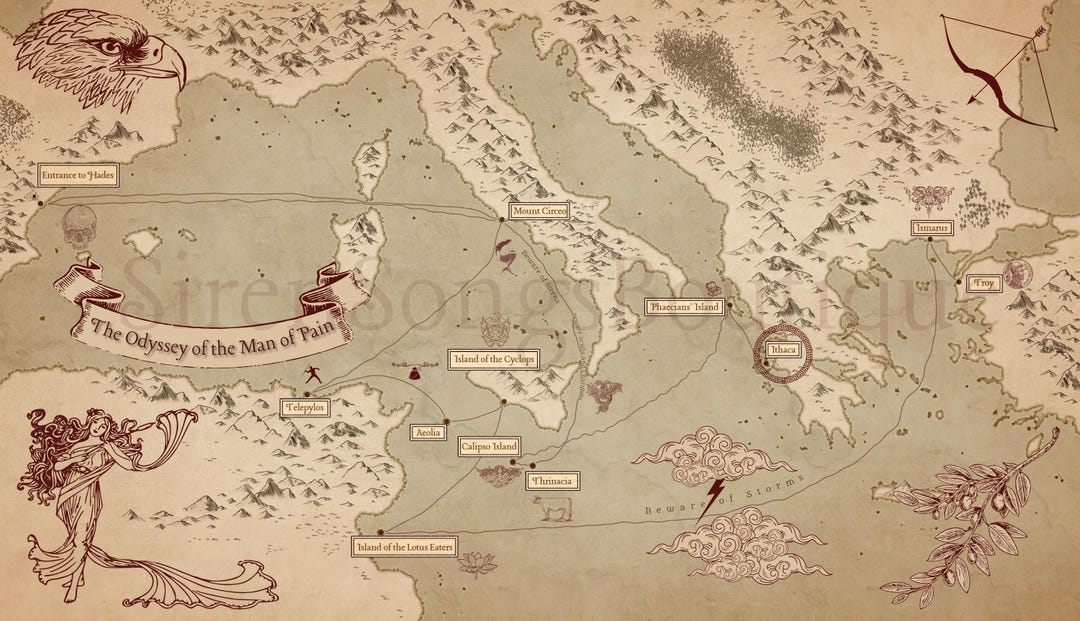 Odysseus' Journey Map From Homer's Odyssey Greek Mythology Epic - Etsy