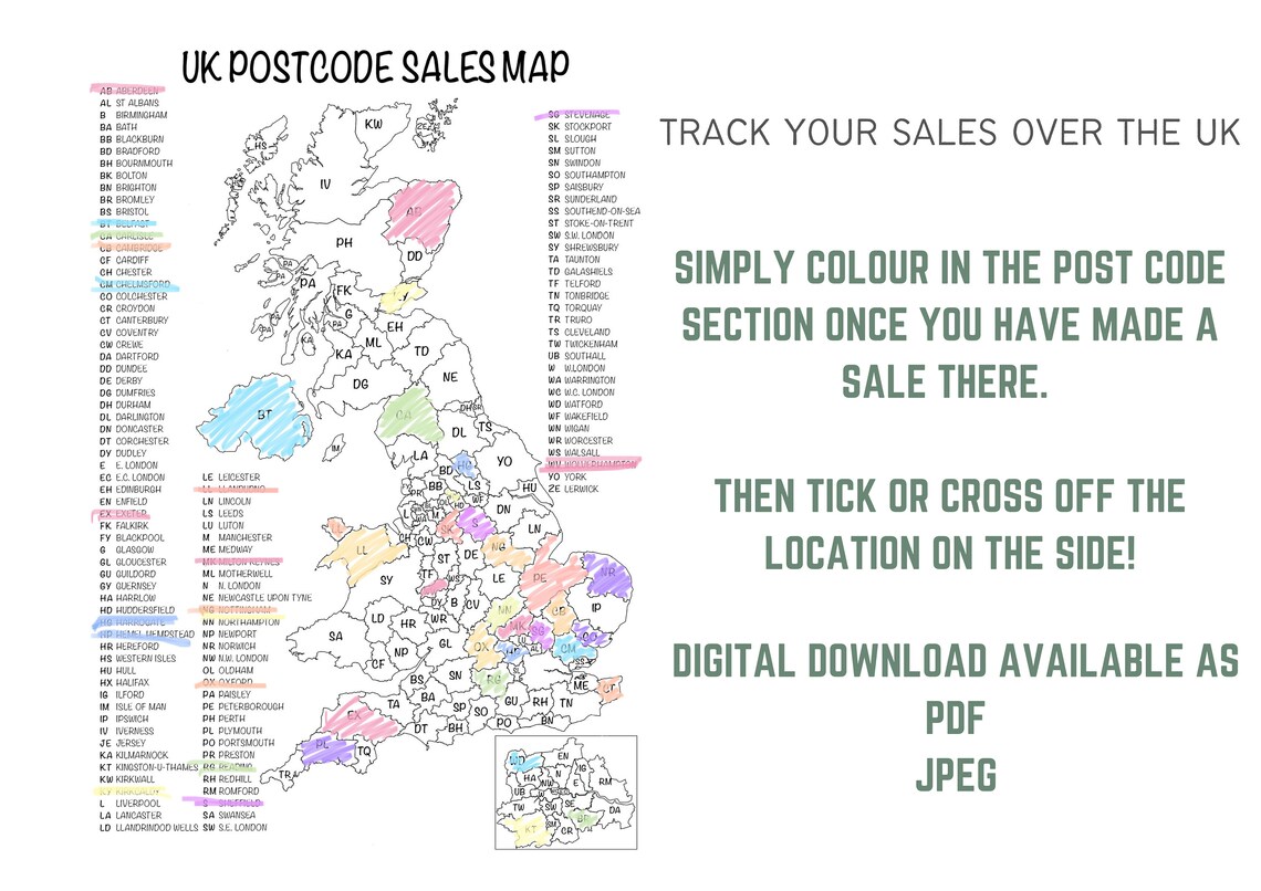 Simple Postcode Map, UK Sales Tracker, UK Postcode Sales Map, Small ...
