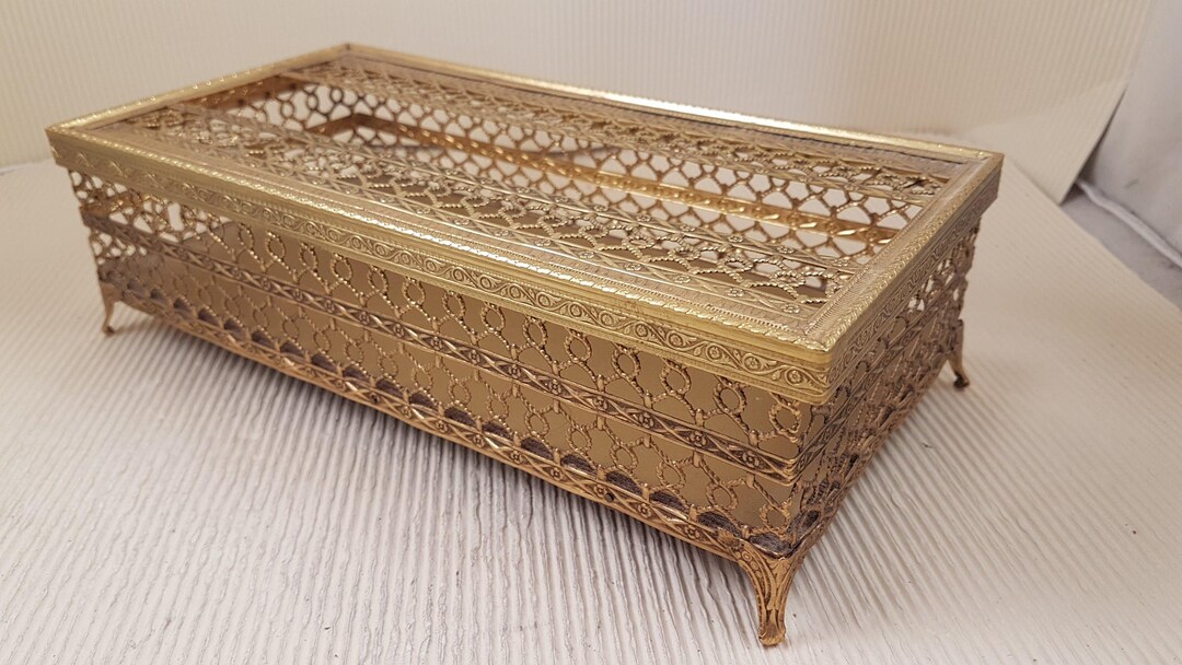Vintage Tissue Box Cover Hollywood Regency Style Brass Gold Tone Metal ...