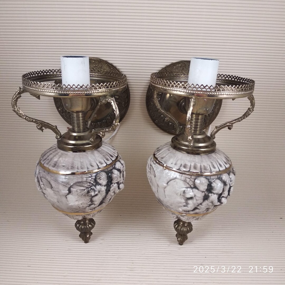 Capodimonte Wall Scones Light Fixture Cherubs Angels Porcelain Hard ...