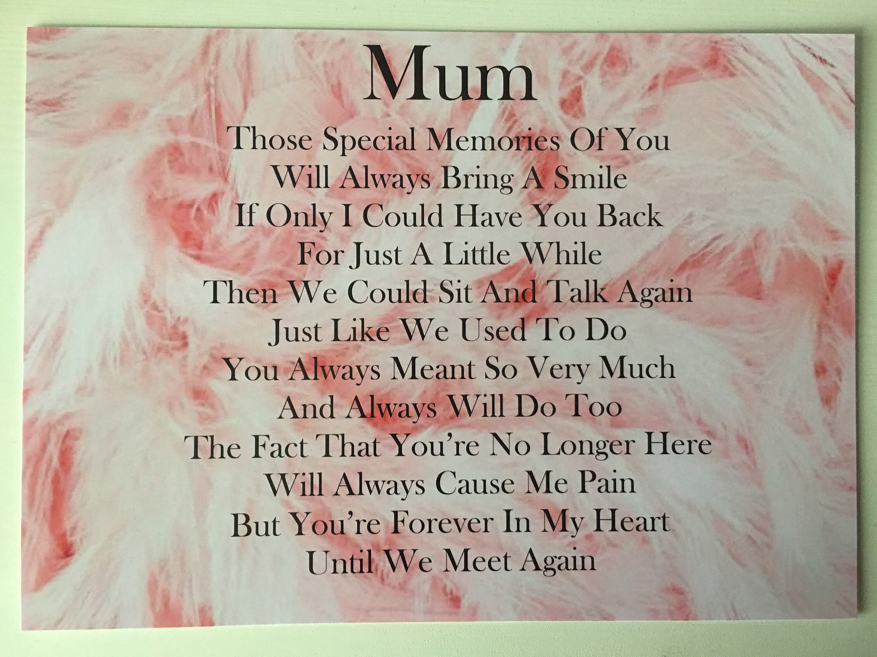 1 X Personalised Pink Feathers Mum Poem Grave Card 7" X 5" *laminated ...