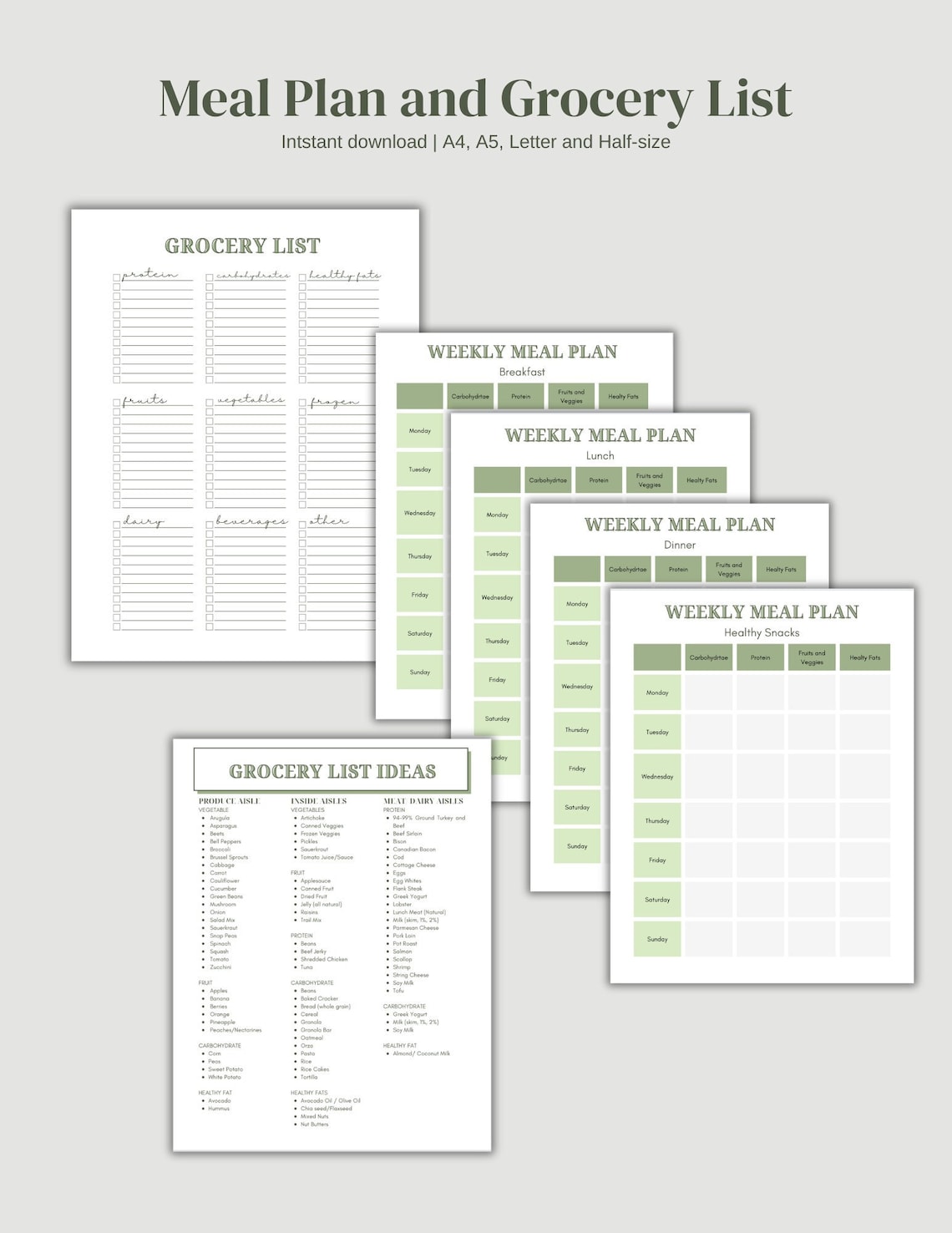 Weekly Meal Planner and Grocery List Printable Templates, Meal Prepping ...