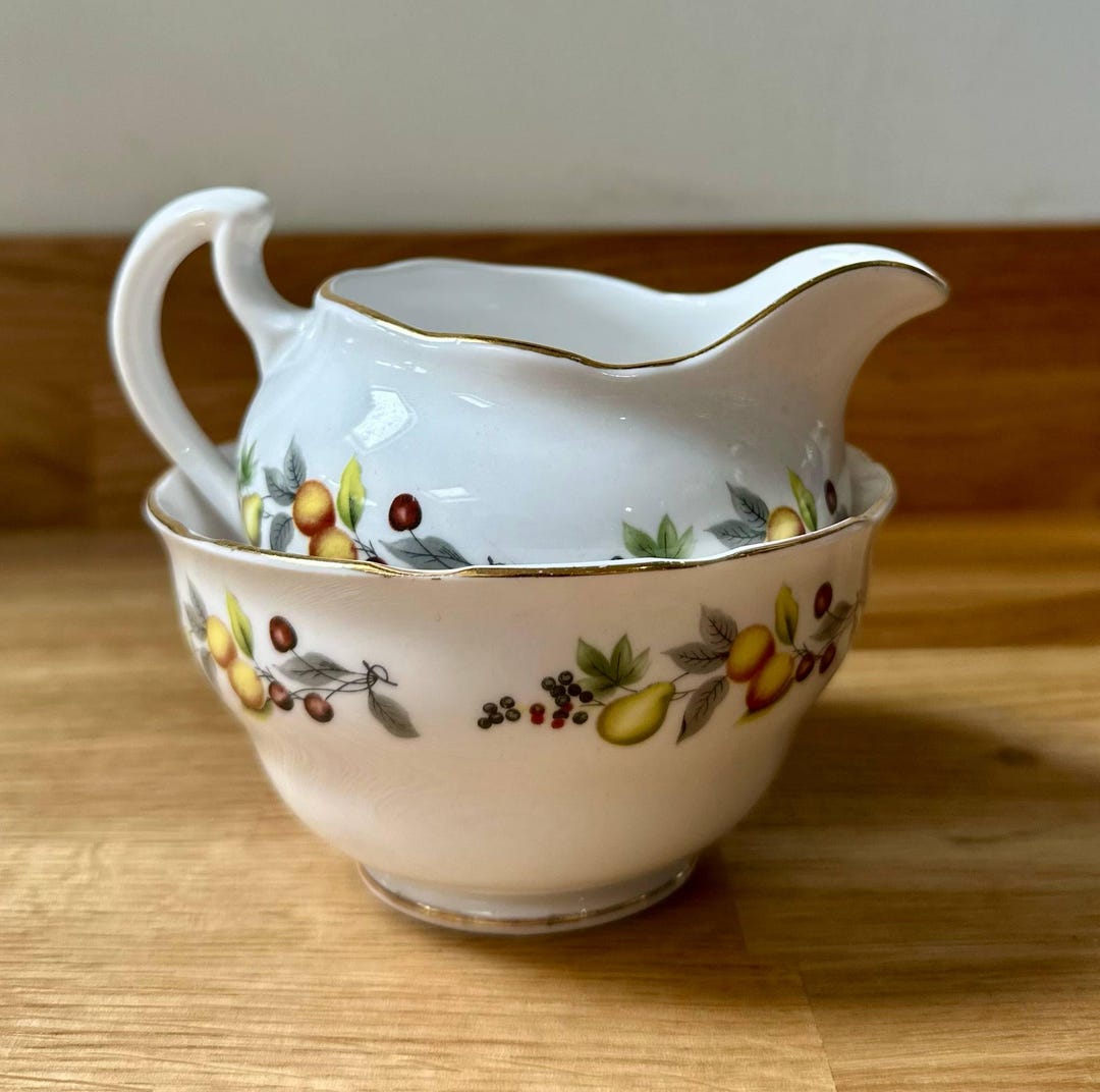 ROYAL VALE Vintage L Milk Jug & Sugar Bowl L Fruit Motif and Gold Trim ...