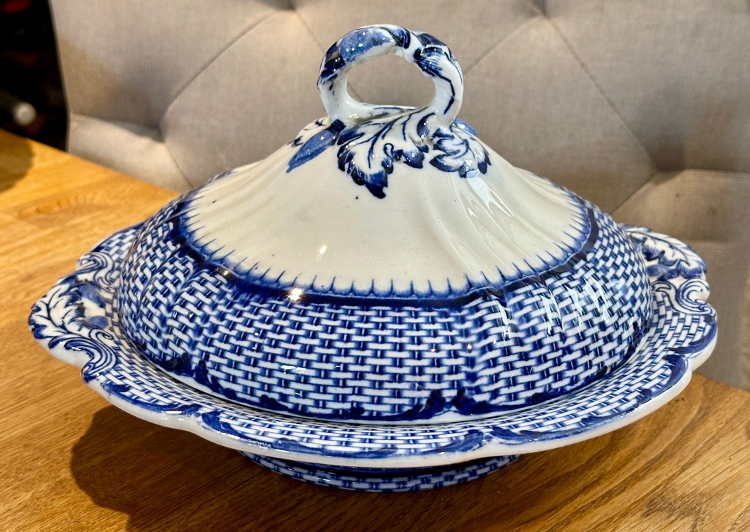 Antique Cauldon Blue White Floral China TUREEN Rectagular Covered ...