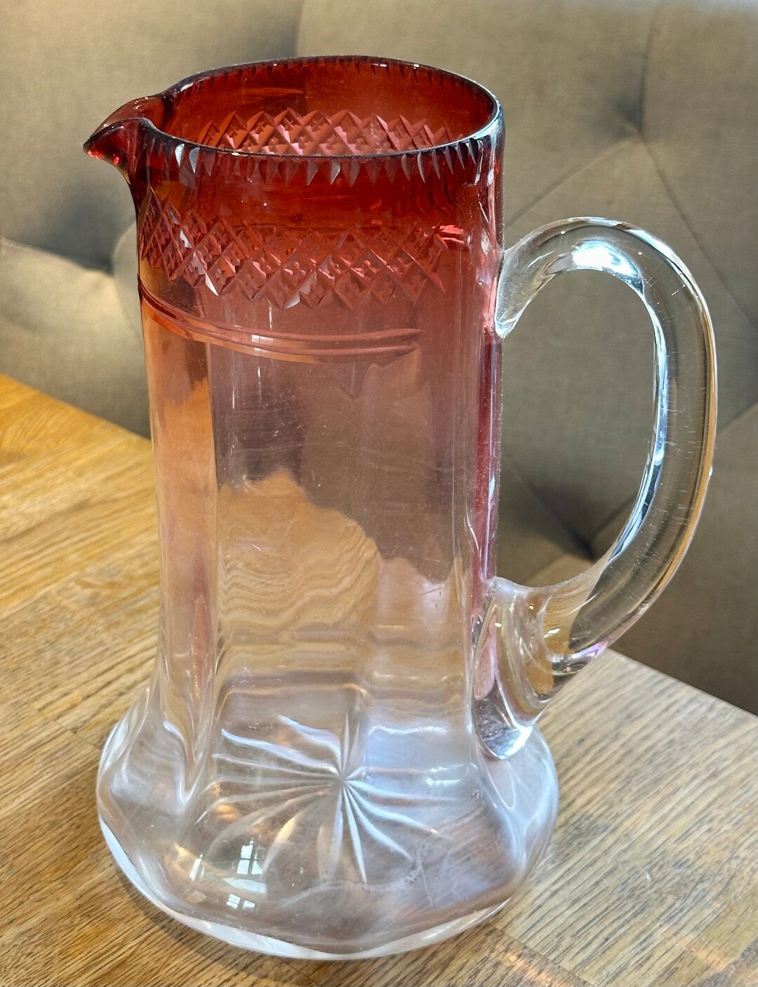 VINTAGE PINK DIAMOND Cut Glass Tankard Style Water Jug / Pitcher L ...