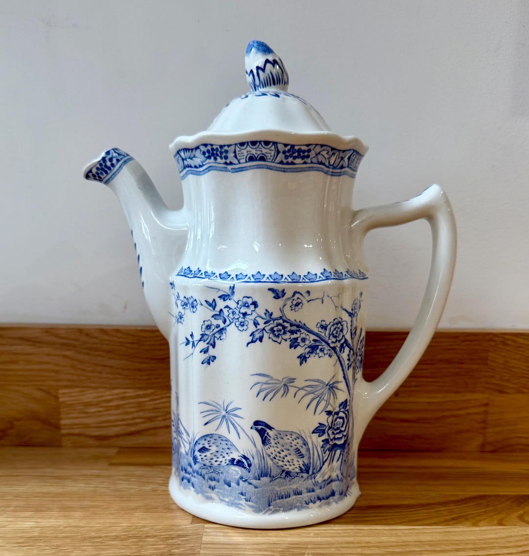 ANTIQUE Furnivals Quail Design Blue & White English China Coffee Pot L ...