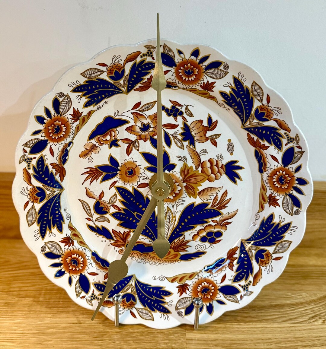 Vintage Imari Style Plate Clock | Blue & Rust Floral Ceramic Wall Clock ...