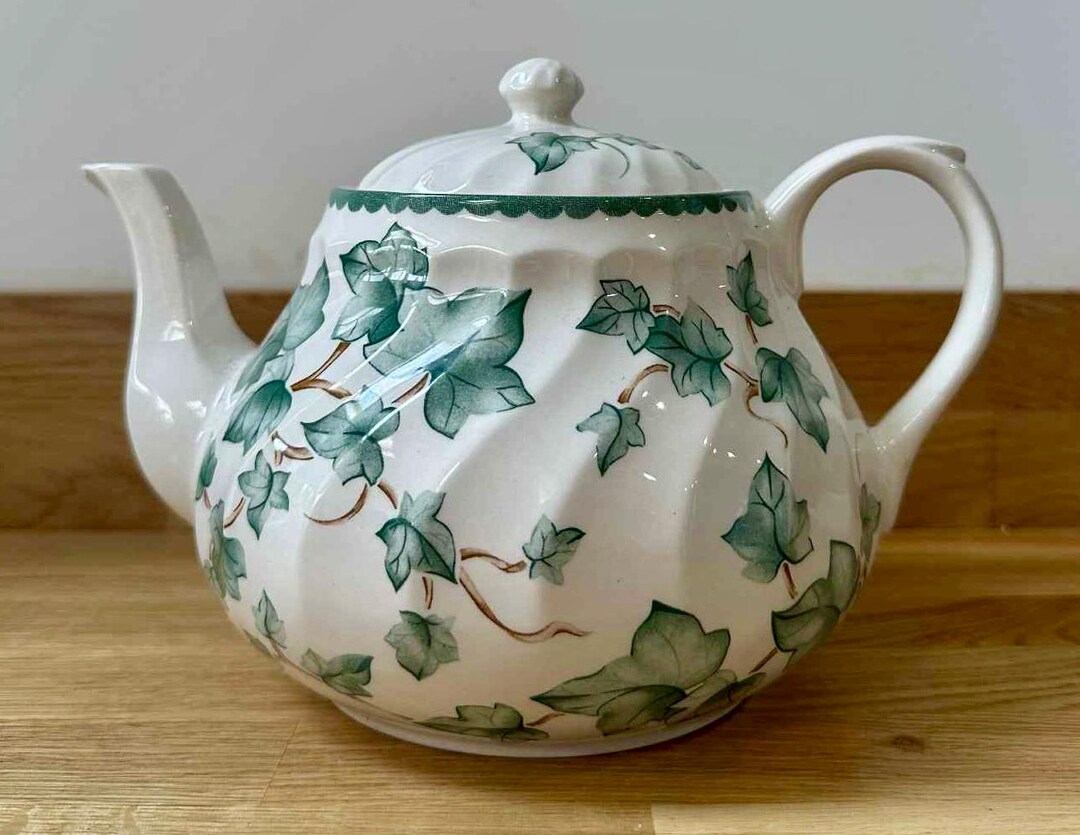 VINTAGE BHS COUNTRY Vine L Vintage Large Tea Pot L Cream White Green ...