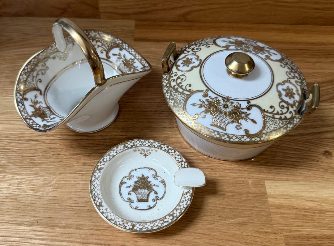 NORITAKE Gold Flower Basket L Vintage Ashtray, Butter Dish & Basket L ...