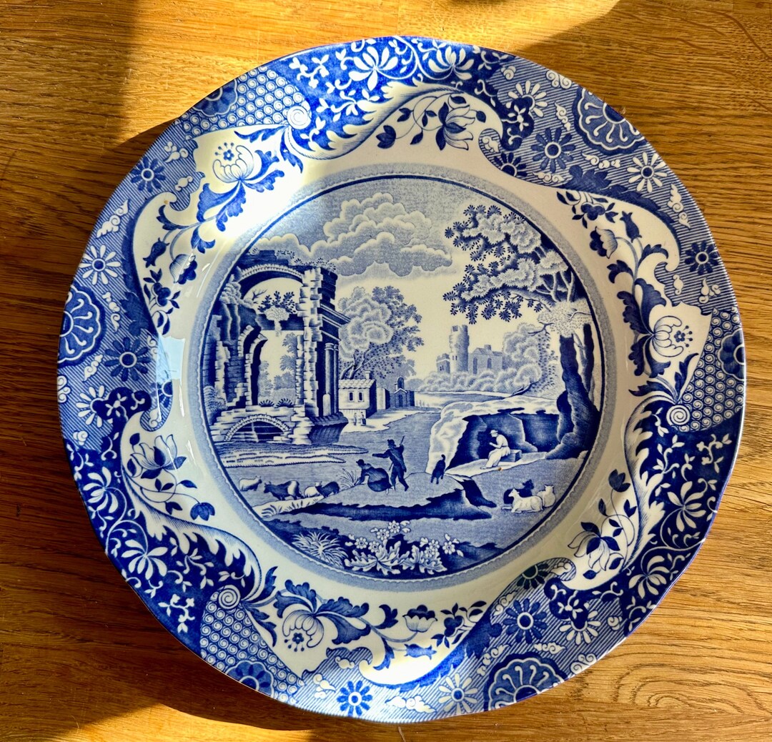 VINTAGE SPODE PLATE I Dinner Plate in Blue Italian Pattern Width 26.5cm ...
