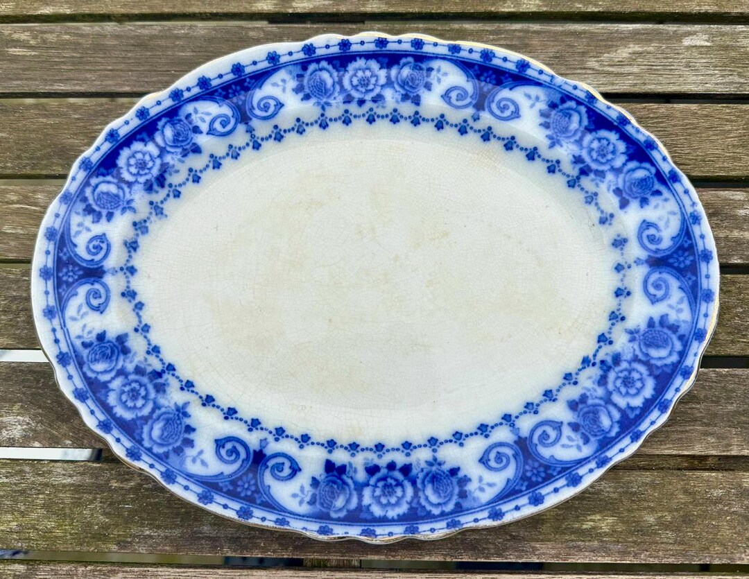 BEAUTIFUL BLUE FLOW Platter L Antique White Blue Oval Plate L Made in ...