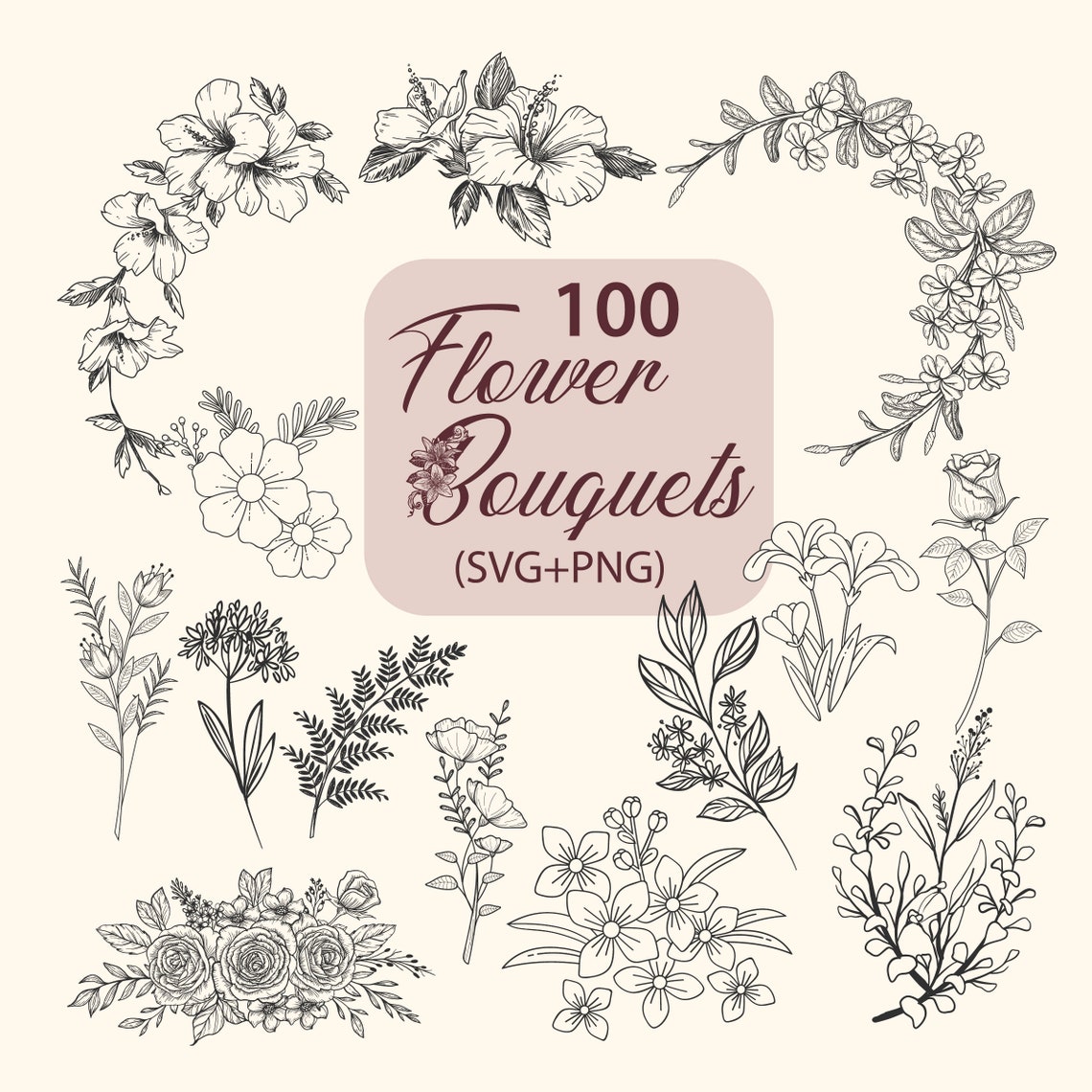 100 Floral Bouquet Bundle Hand Draw Flower Wedding SVG and PNG - Etsy