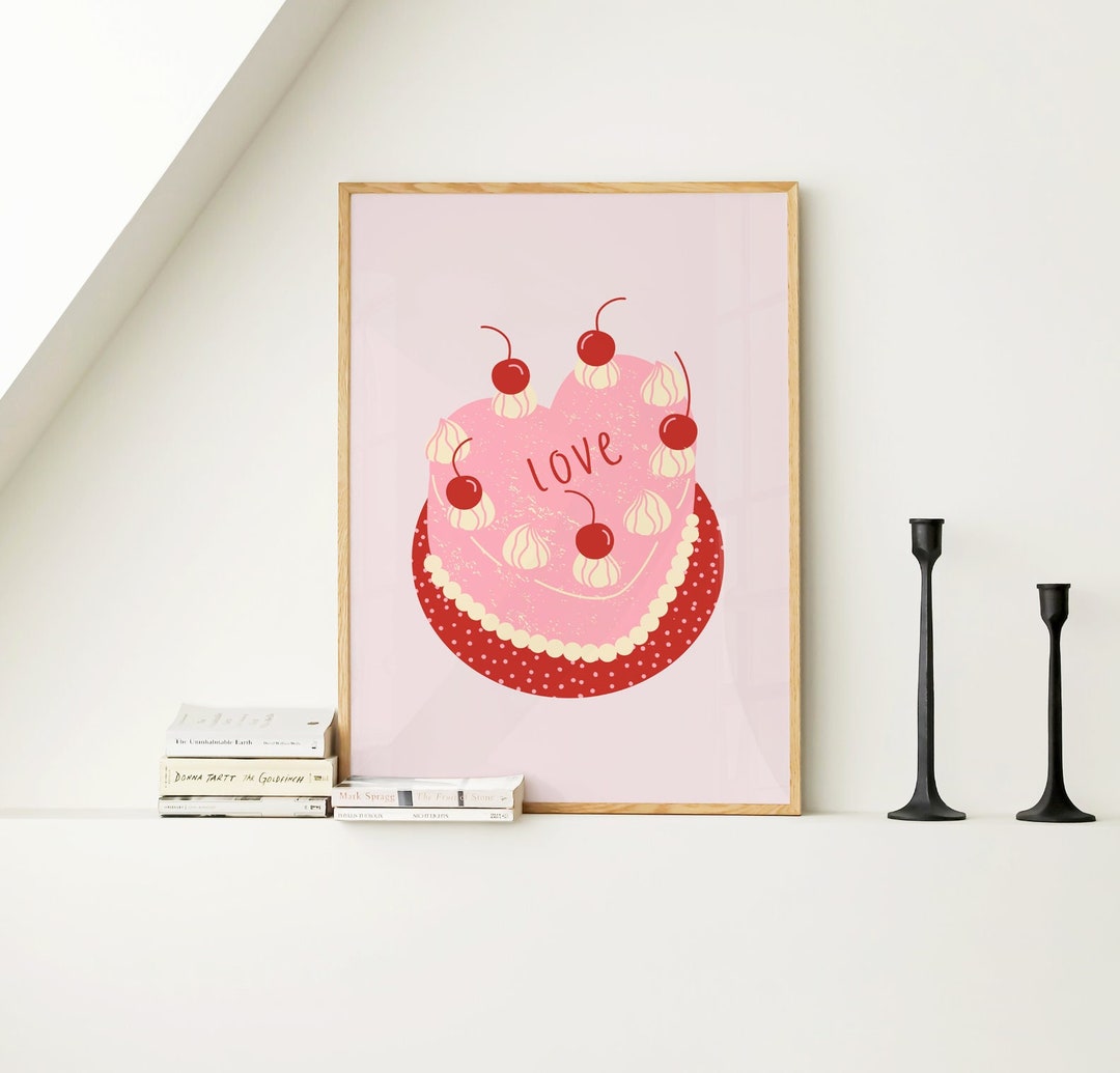 Cute Cake Art Print, Love Cake Wall Art, Bakery Art Poster, Heart Cake ...