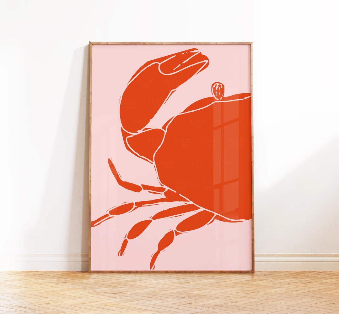 Pink Red Crab Print, Seafood Poster, Crab Illustration, Food Prints ...
