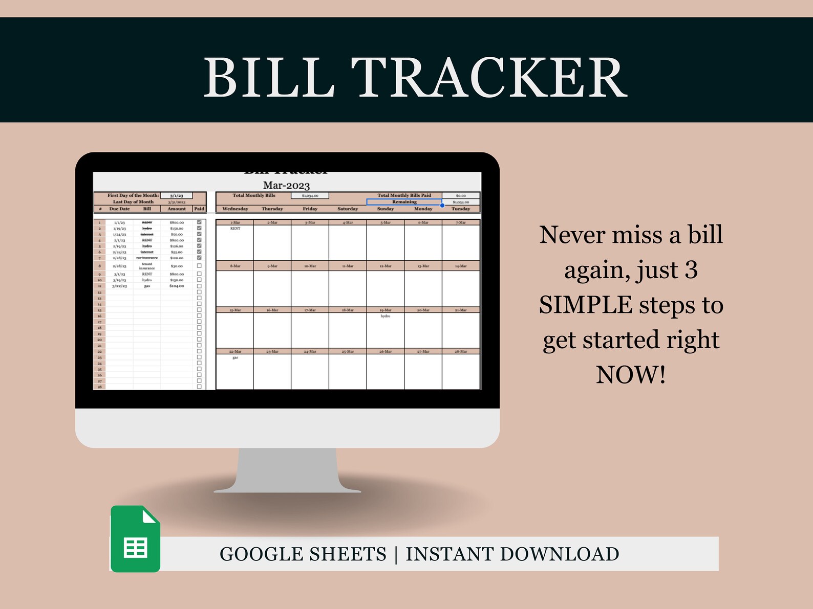Bill Tracker Spreadsheet, Google Sheets Bill Calendar, Monthly Bill ...