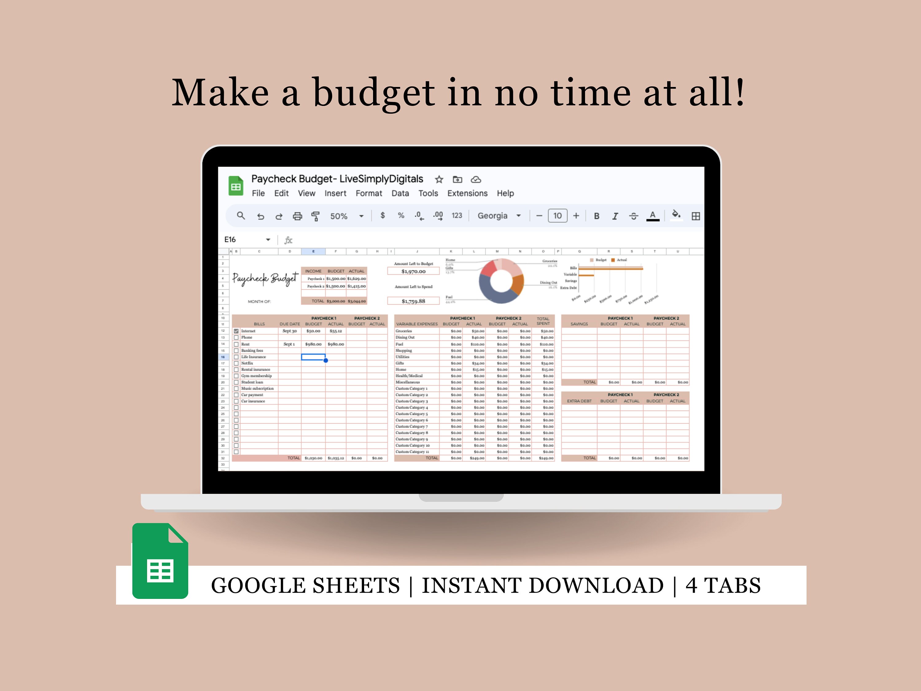 Monthly Budget Google Sheets, Bill and Expense Tracker Spreadsheet ...