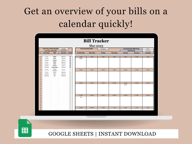 Bill Tracker Spreadsheet, Google Sheets Bill Calendar, Monthly Bill ...
