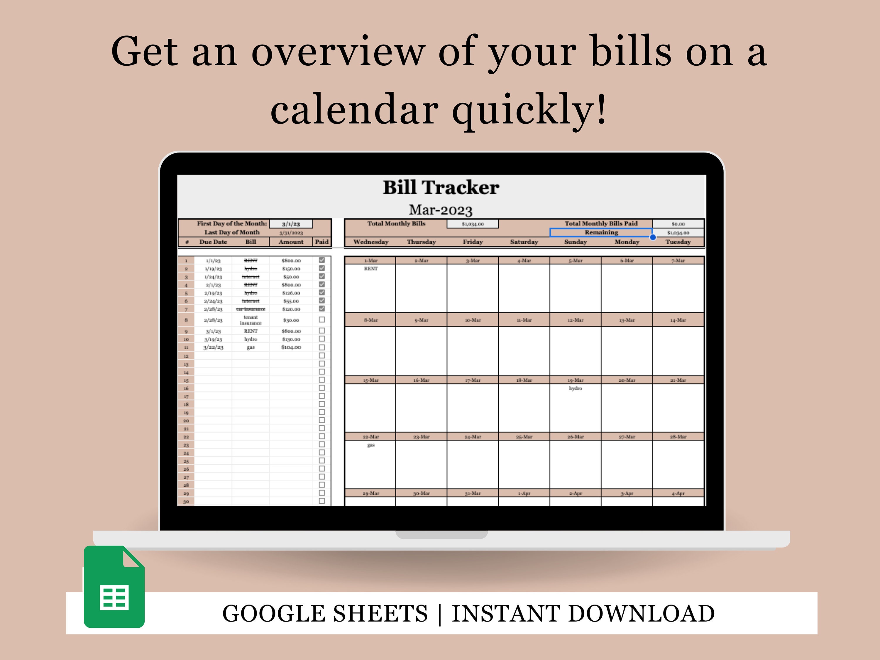 Bill Tracker Spreadsheet, Google Sheets Bill Calendar, Monthly Bill ...