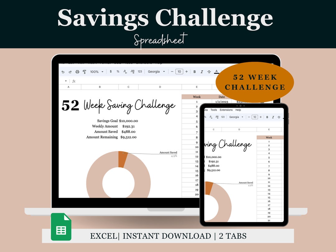 10K 20K 50K Savings Challenge Excel in 52 Weeks Goal Tracker Money ...