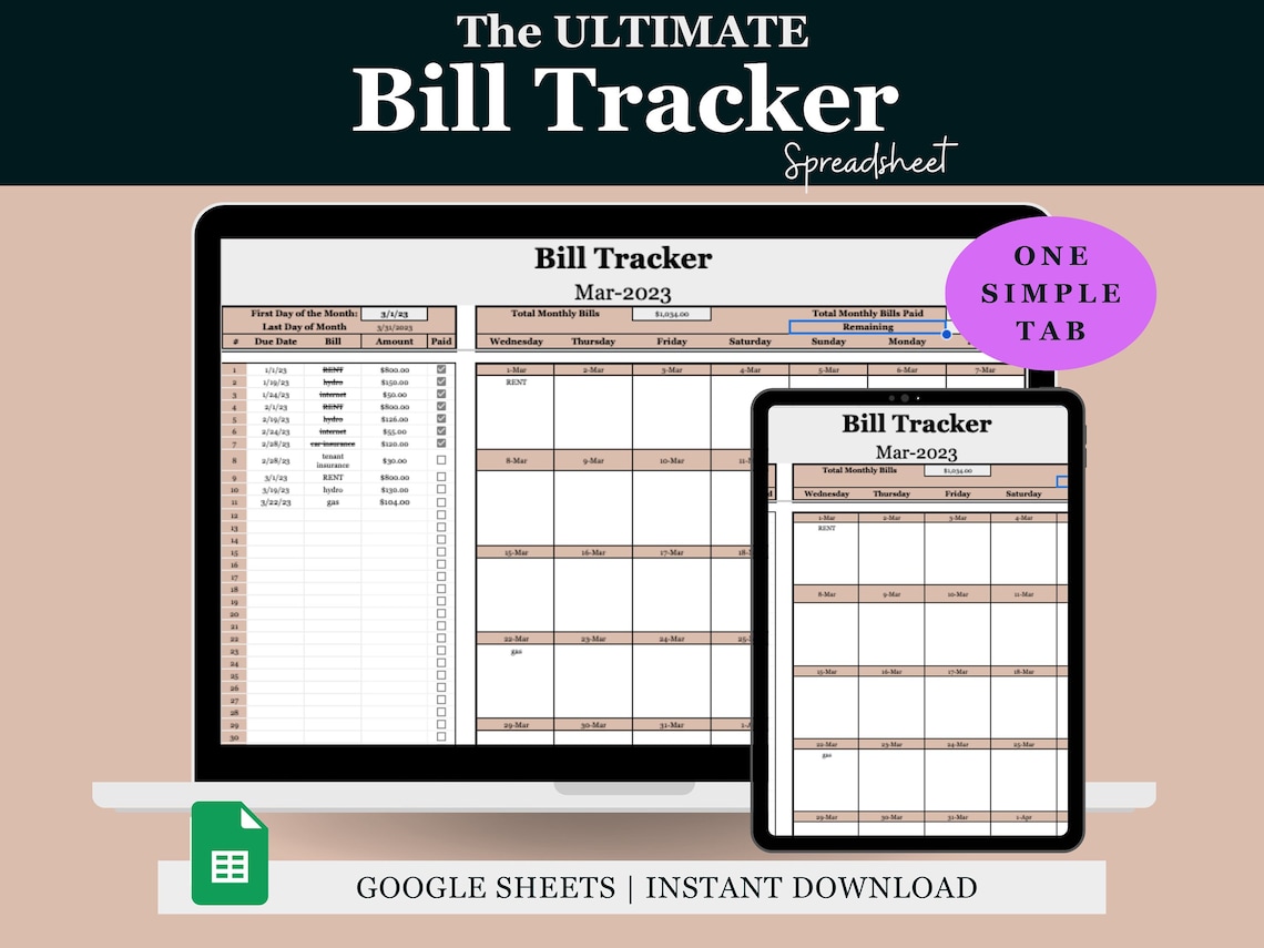 Bill Tracker Spreadsheet, Google Sheets Bill Calendar, Monthly Bill ...