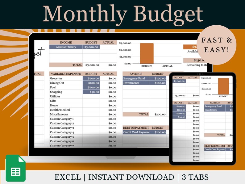 Monthly Budget Spreadsheet for Excel Bill and Expense - Etsy