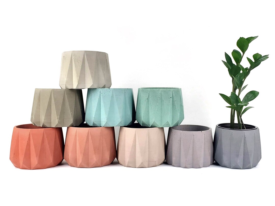 4" Faceted Cement Plant Pot With Drain Hole - Etsy