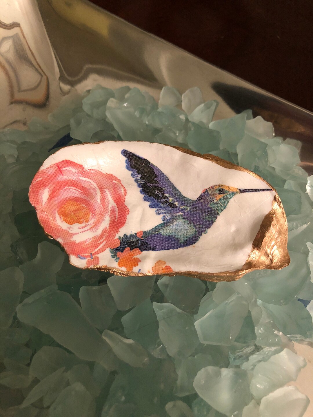Hummingbird Oyster Shell, Gold Edging & Backing - Etsy