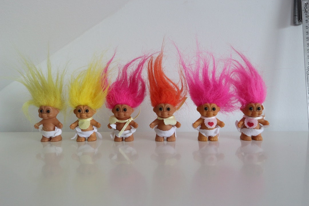 Vintage Russ Troll Doll Baby, Oranje, Roze, Geel, Haar Trollen 2 inch ...