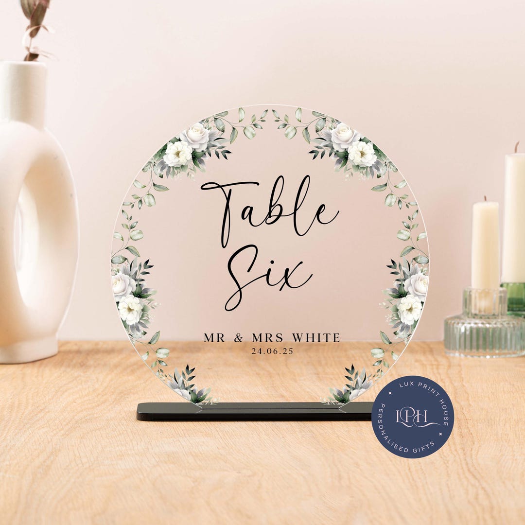 Personalised Clear Acrylic Table Numbers, Circle Stands, Floral ...