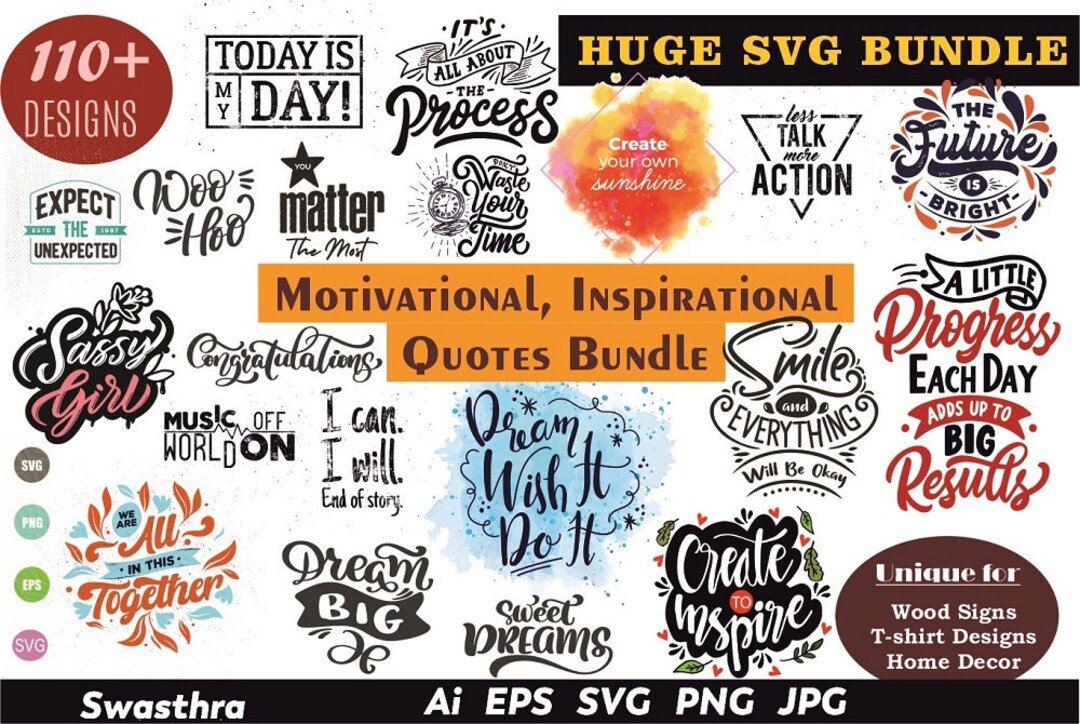 110 Motivational, Inspirational, Positive Quotes Bundle Svg, Hand Drawn ...
