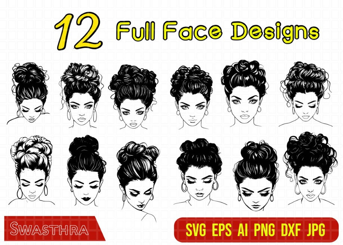 Messy Bun Svg Bundle, Messy Hair Svg, Women Face Clipart, Mom Life Svg ...