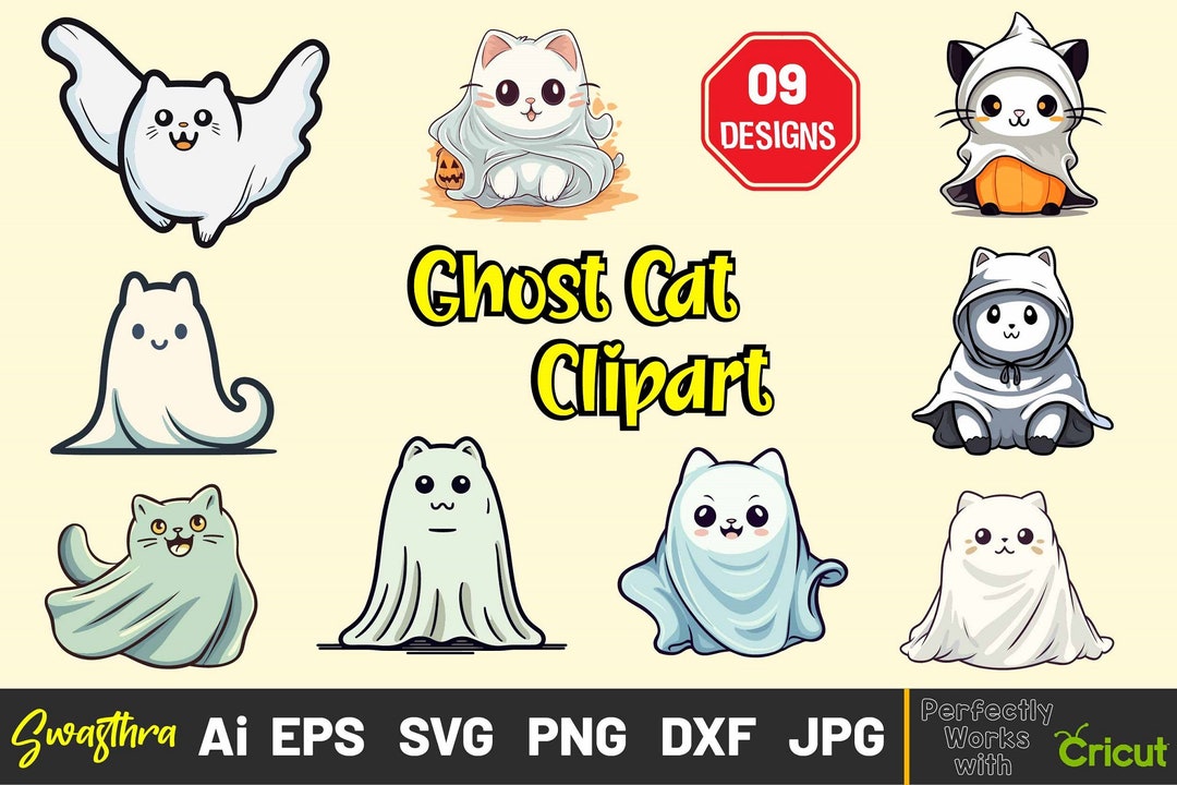 Halloween Ghost Cat SVG Clipart, Cute Halloween Cats, Kawaii Pumpkin ...