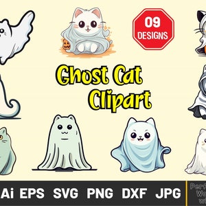 Halloween Ghost Cat SVG Clipart, Cute Halloween Cats, Kawaii Pumpkin ...