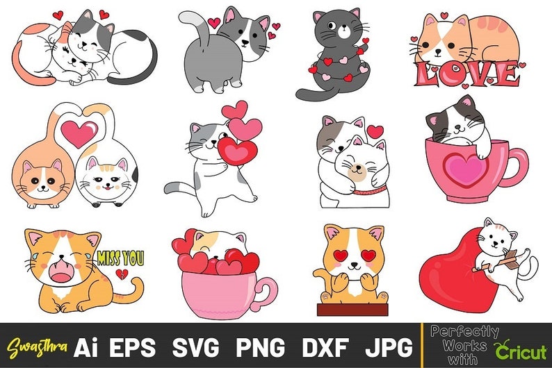 Funny Romantic Kawaii Cat SVG Valentine Cat Clipart Lazy - Etsy