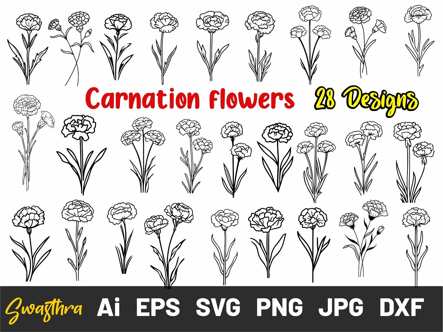 Carnation Flowers SVG, Birth Month Flower, Flower Bouquet Svg, Flower ...