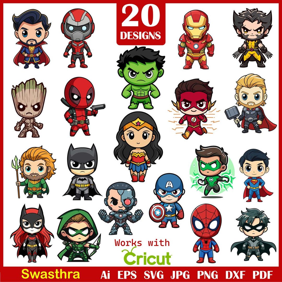 20 Chibi Superhero SVG, Baby Superhero Svg Bundle, Cute Superheroes ...