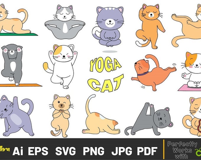Cats Poses Clipart, Cute Cat Png, Cat Svg Vector, Yoga Cats, Kitten ...