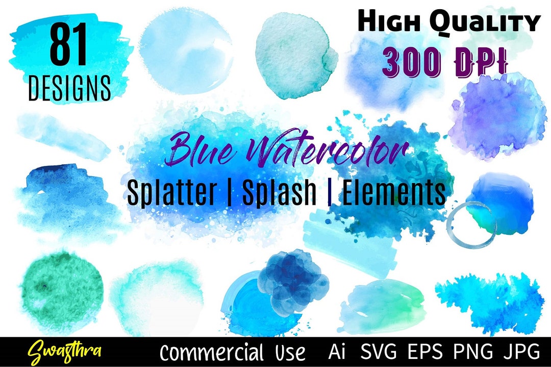 81 Blue Watercolor Vector Paint Splashes Glitters, Abstract Dark Blue ...