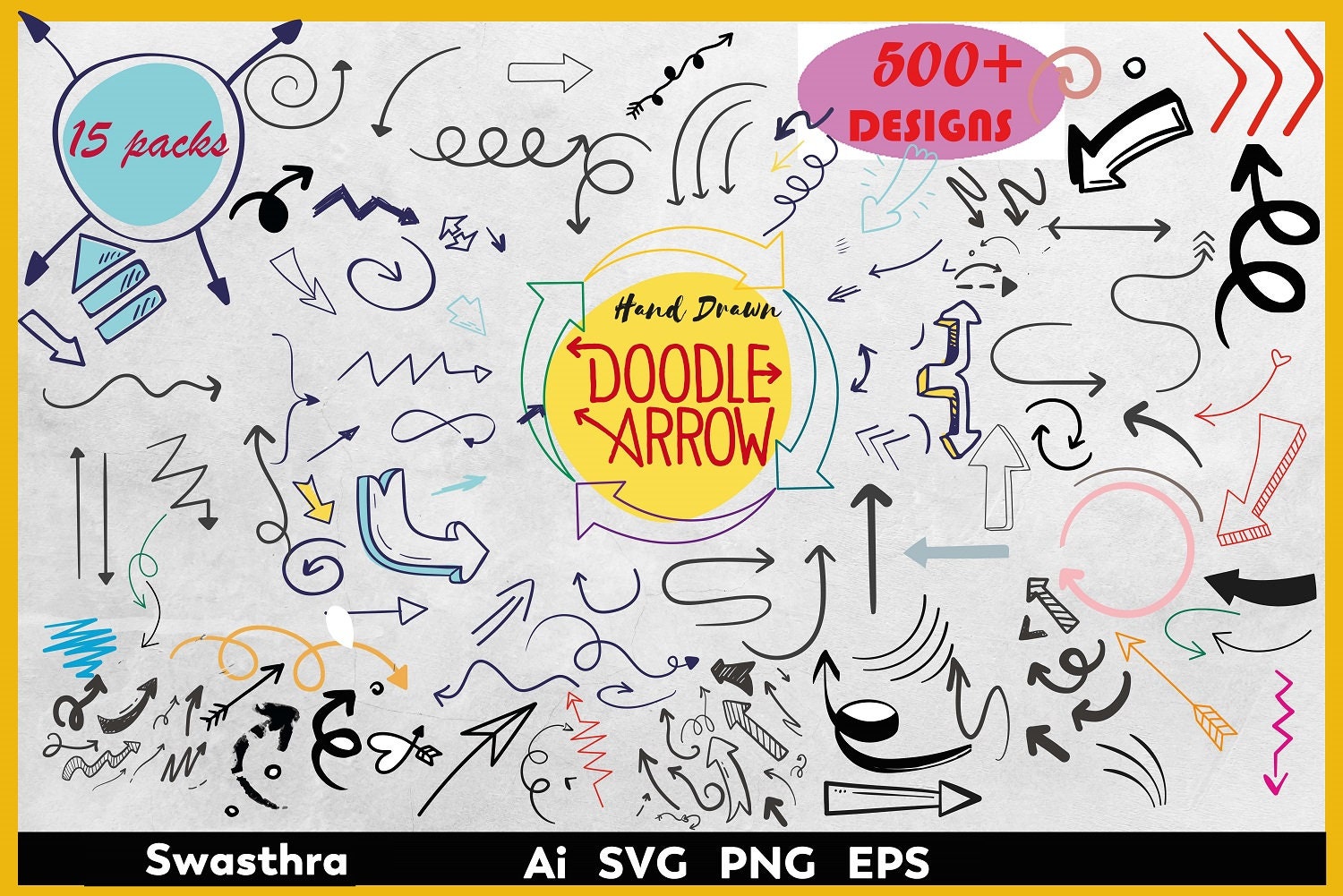 500 Hand Drawn Doodle Art, Arrows Svg Bundle, Hand Drawn Vector Arrow ...