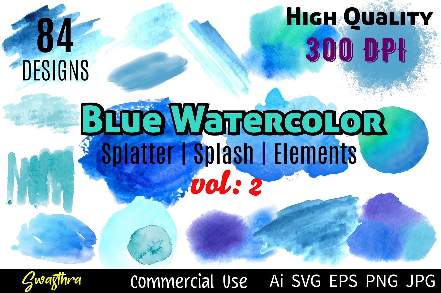 84 Blue Watercolor Vector Paint Splashes Glitters, Abstract Dark Blue ...