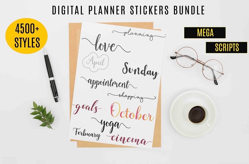 4500 Planner Script Words PNG, Days Months Script, Bullet Journal, Printable Planner Stickers ...