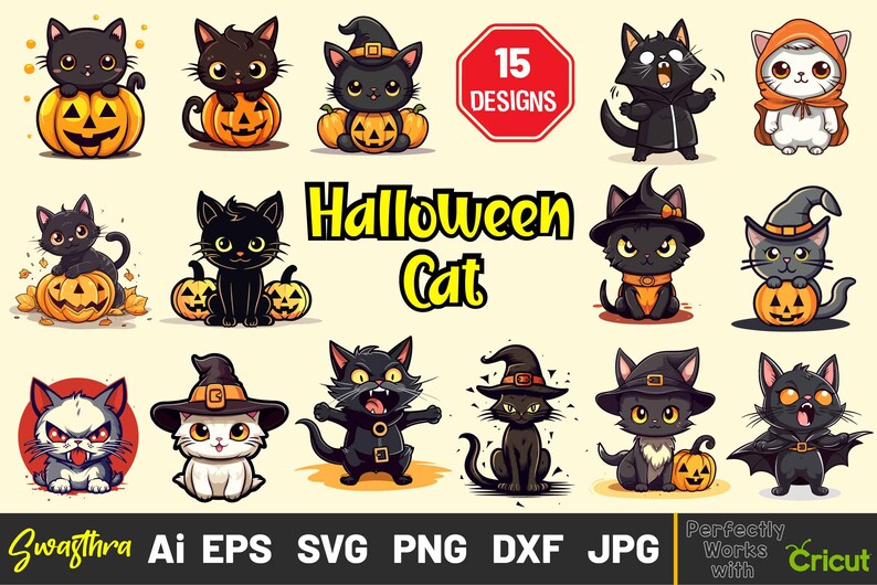 Halloween Cat SVG Clipart, Cute Halloween Black Cats, Kawaii Pumpkin ...