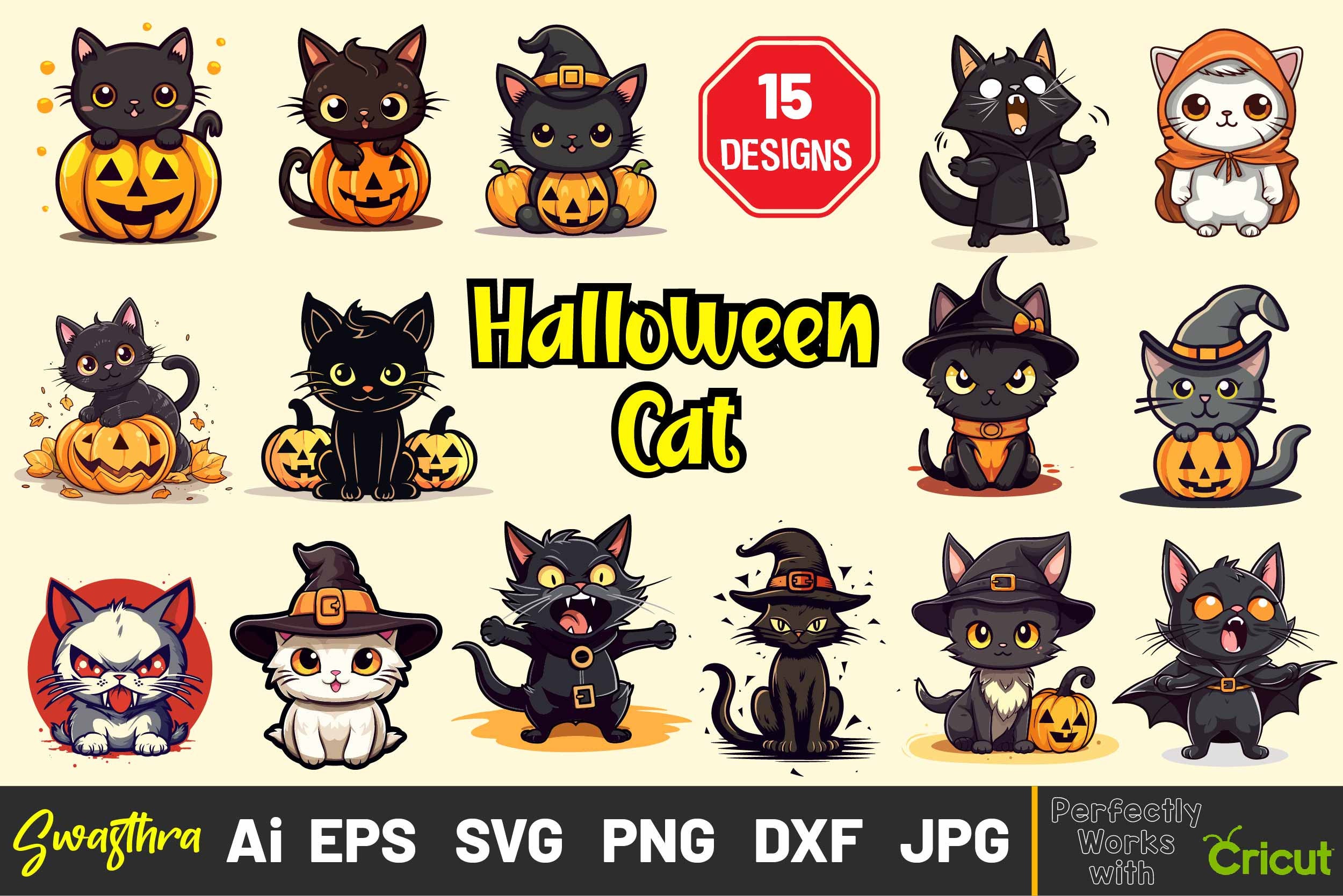Halloween Cat SVG Clipart, Cute Halloween Black Cats, Kawaii Pumpkin ...