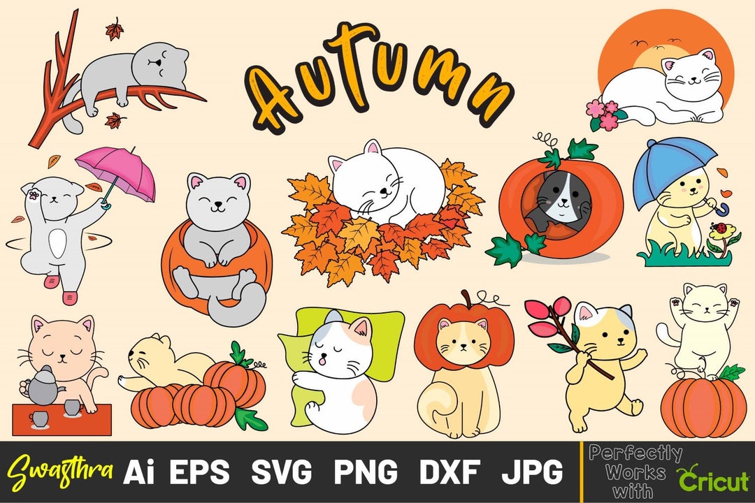 Funny Autumn Cats SVG, Kawaii Cat Clipart, Cute Cat Clip, Kawaii Kitten ...