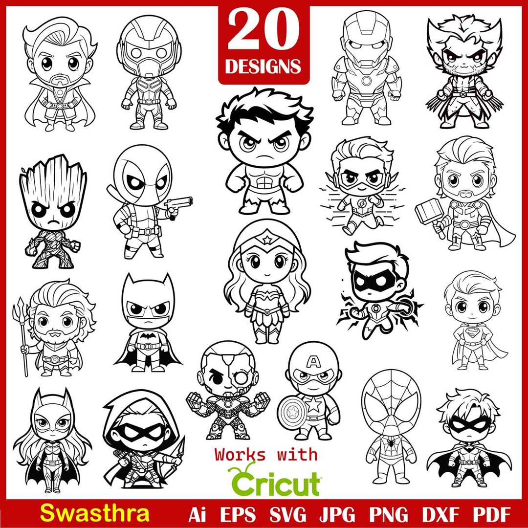 20 Chibi Superhero Outline SVG, Baby Superhero Svg Bundle, Cute ...