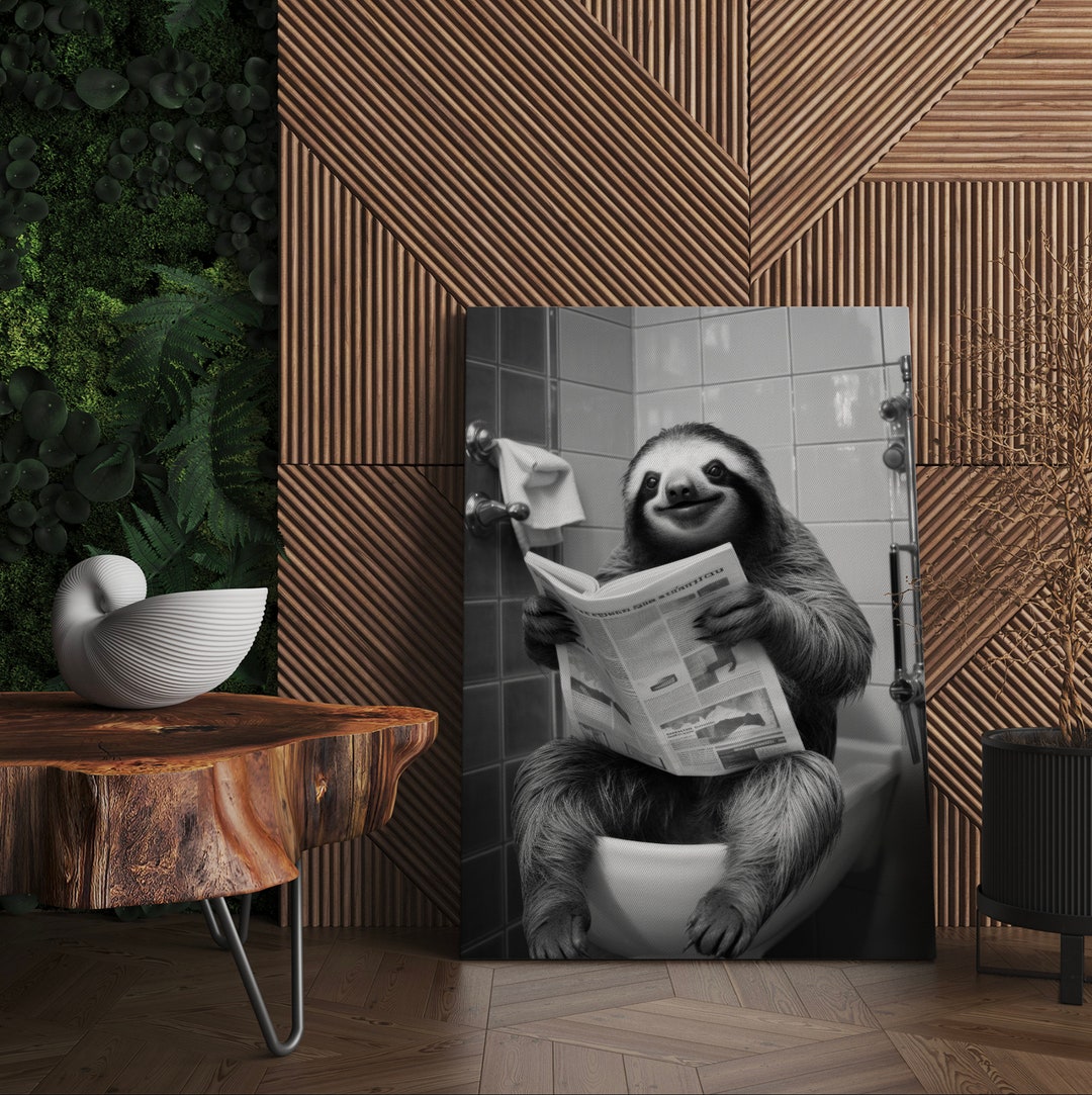 Sloth Sitting on the Toilet Reading Newspaper Picture. Black White ...