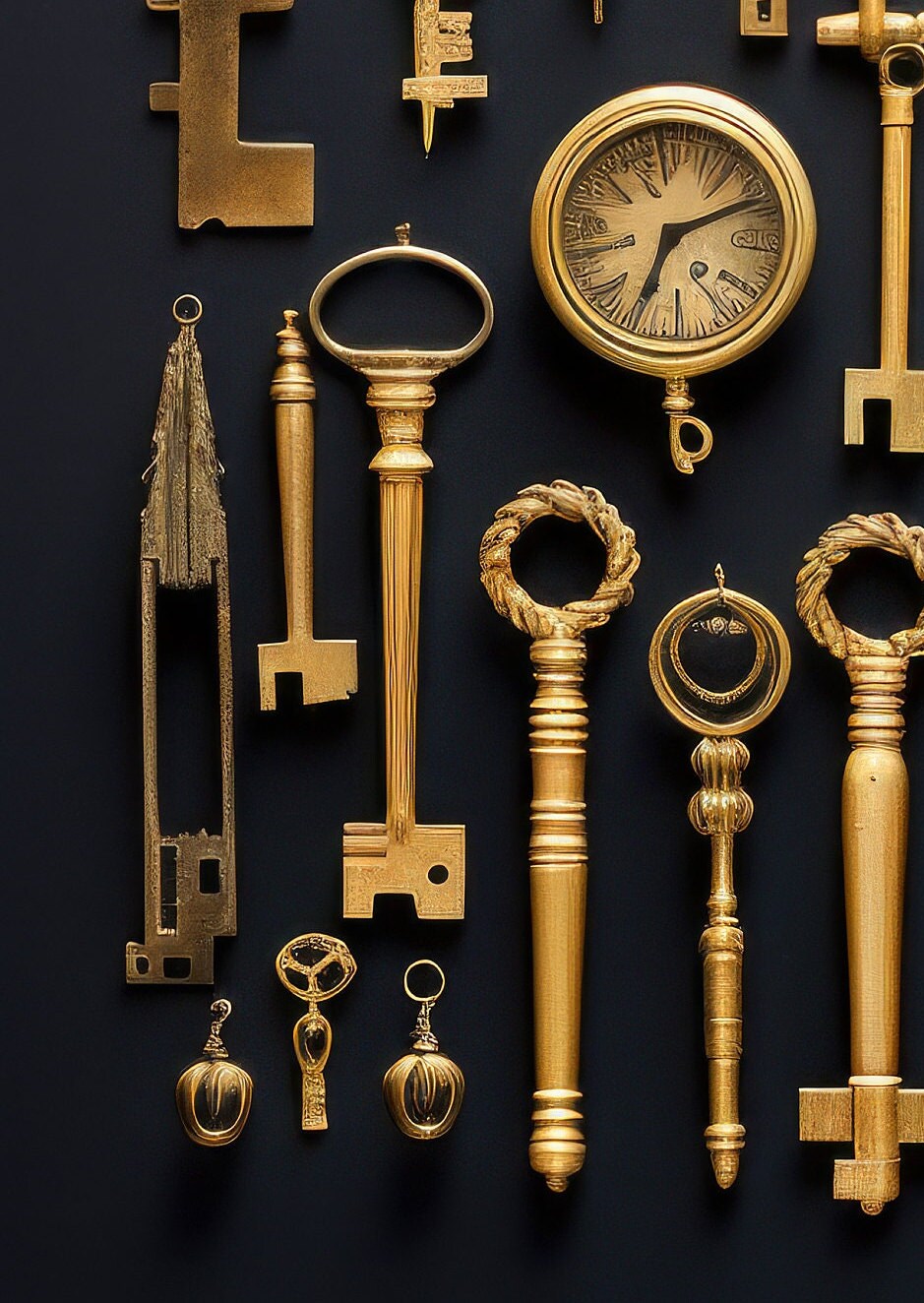 Gold Keys Assorted Designs. Knolling Style. Top Down Image. DIGITAL ...